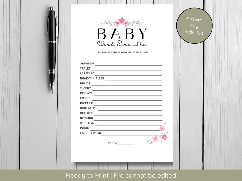 Baby Word Scramble Game, Printable Pink Baby Shower Game, Flower Baby ...