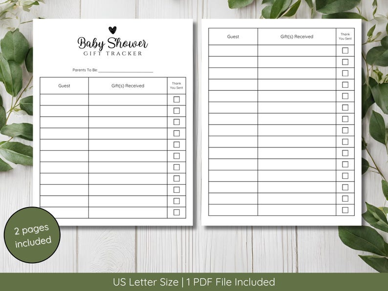 Baby Shower Gift Tracker, Printable Heart Gift Log, Simple Gift List ...
