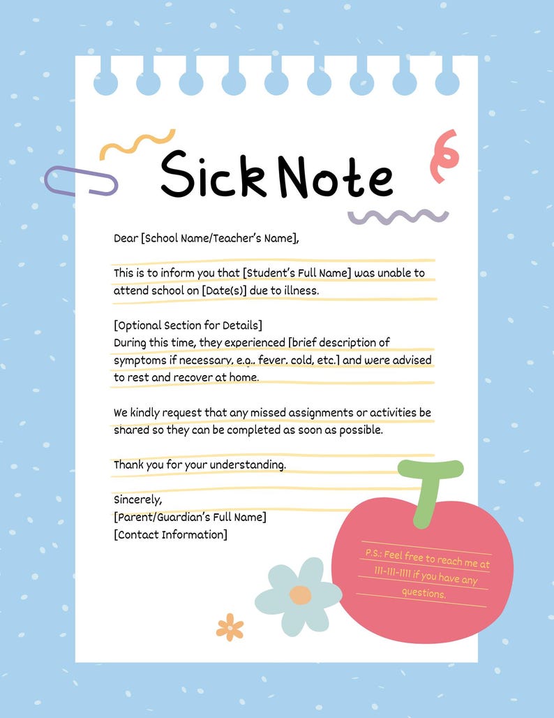 School Sick Note - Etsy