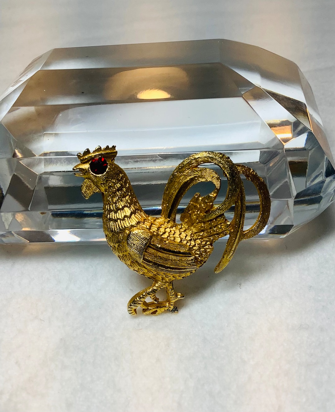 Vintage Gold Rhinestone Rooster Brooch Pin Jewelry Red Eye Gold Tone ...