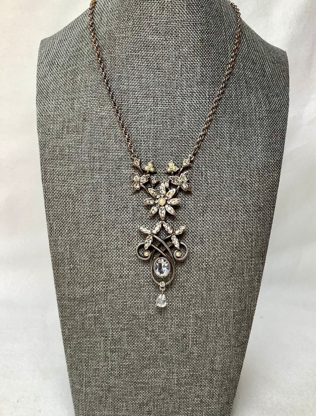 Vintage Sweet Romance USA Flower Rhinestone Pendant Signed Jewelry Faux ...
