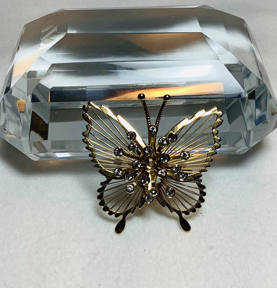 Vintage Rhinestone Monet Butterfly Brooch Pin Signed Jewelry Gold Tone ...