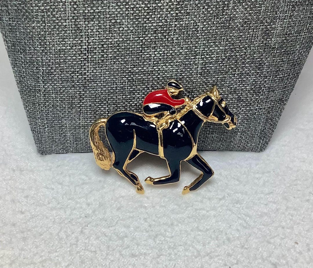 Vintage Black Enamel Horse Jockey Brooch Pin Designer Jewelry Red Gold ...