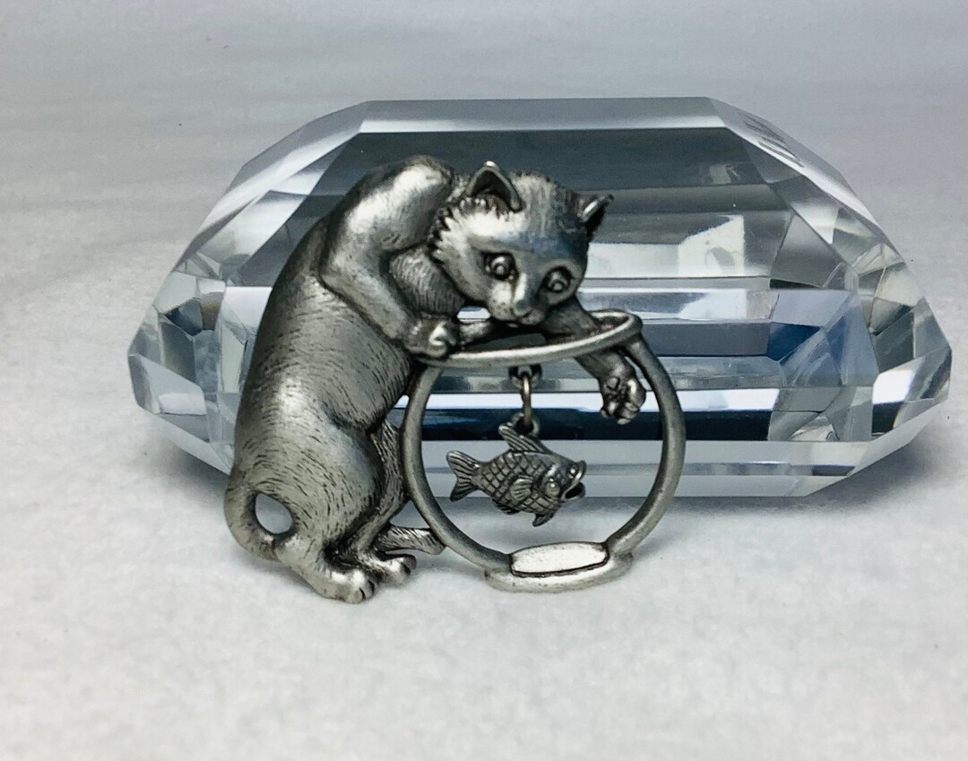 Vintage Pewter Cat Fishbowl JJ Brooch Pin Signed Jewelry Dangle Fish ...