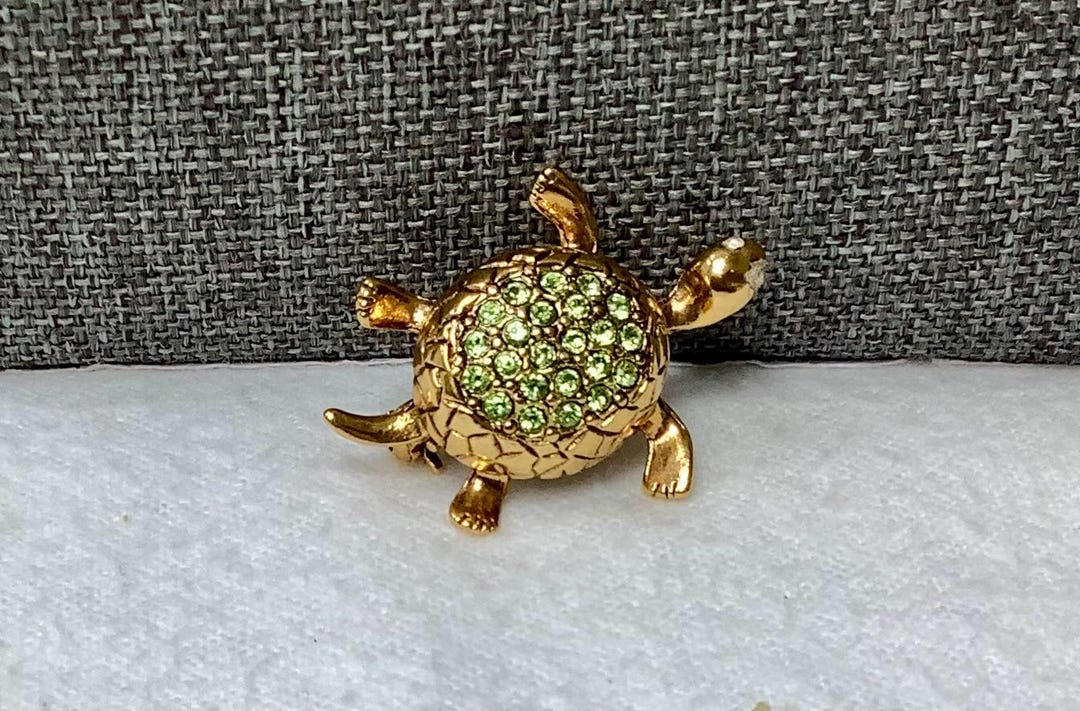 Vintage Green Rhinestone Gold Turtle Pin Brooch Jewelry Crystal Gold ...