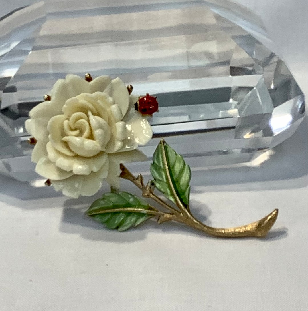 Vintage JJ White Rose Brooch Pin Signed Jewelry Lady Bug on Flower ...