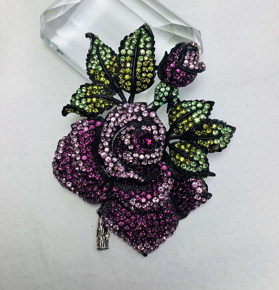 Vintage Large Crystal Purple Rose Brooch Pin Jewelry Multi Green ...