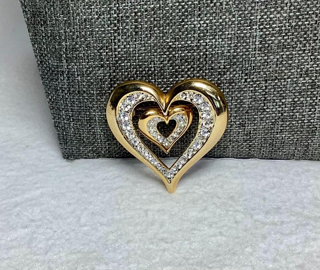 Vintage Gold Double Heart Rhinestone Brooch Pin Designer Jewelry Gold ...