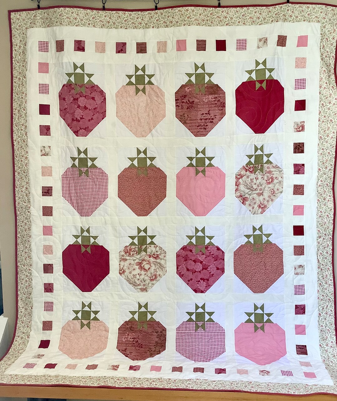 Custom Strawberry Quilt Handmade MADE TO ORDER Quilted Blanket Pink Red Berries Sweet Berry ...