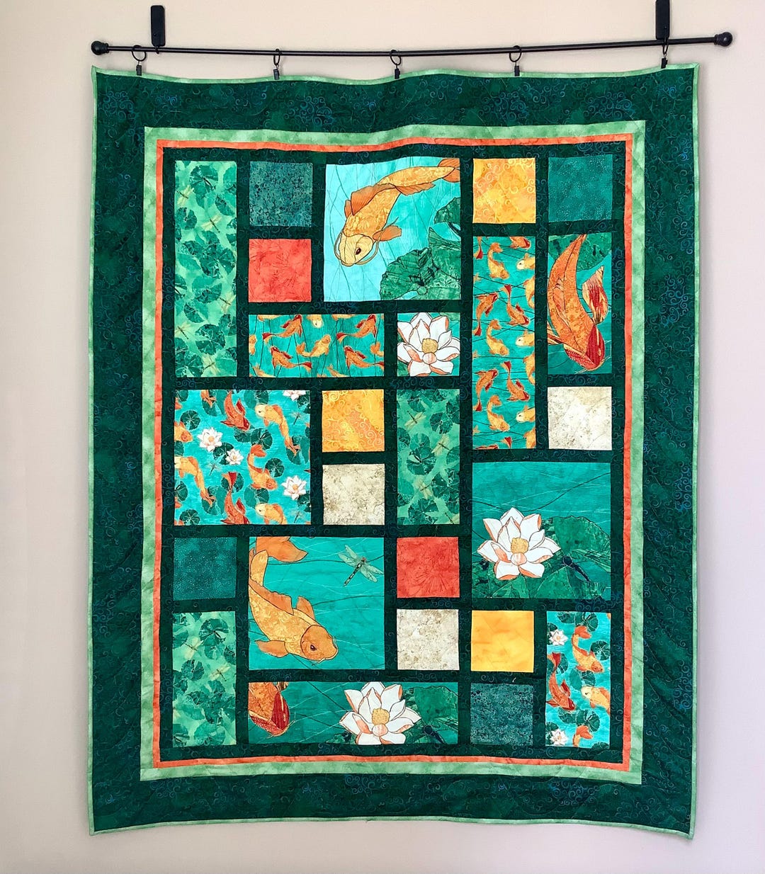 Koi Fish Quilt in Green Orange Blue Teal Water Lily Pad White Flower ...