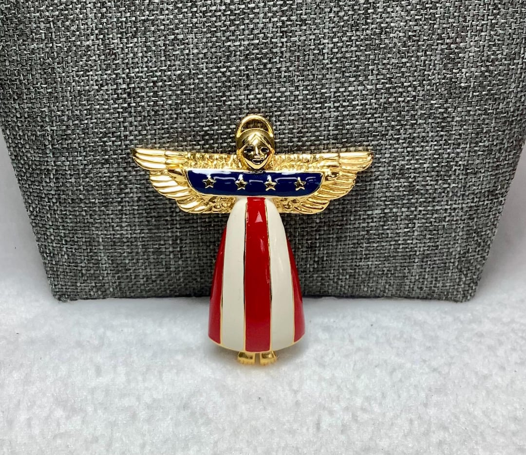Vintage American Flag Guardian Angel Brooch Pin Jewelry Gold Tone Red ...