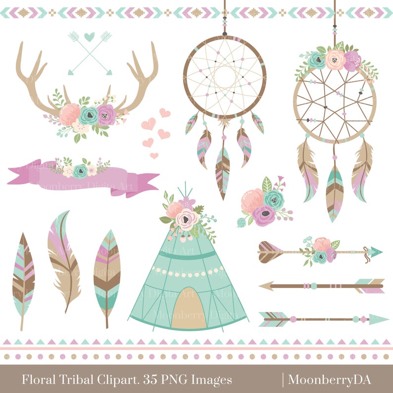 Dreamcatcher Tribal Clipart. Floral Teepee. Arrows. Feathers. | Etsy