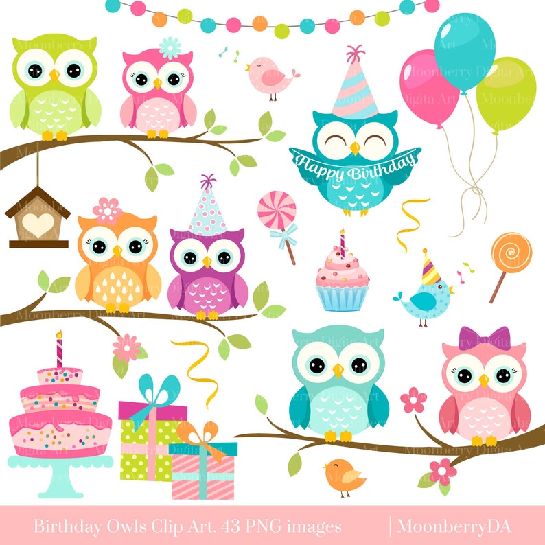Owls Clipart 'BIRTHDAY OWLS' Clip Art. Digital Owls - Etsy