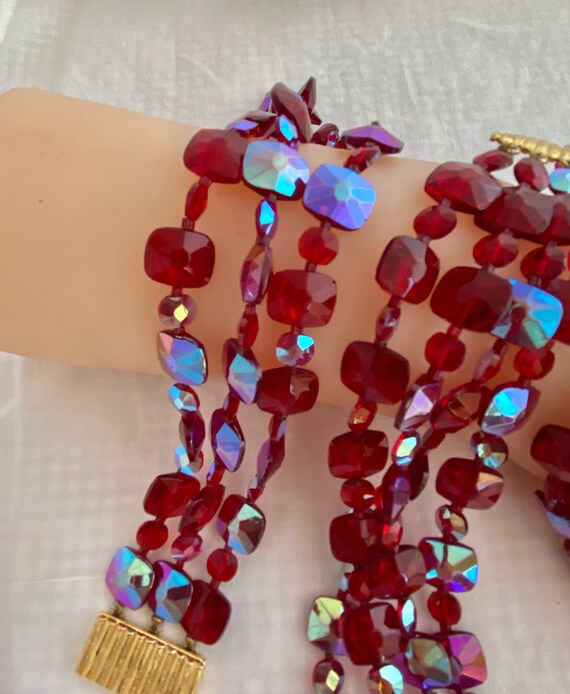Ruby Red Crystal Set Iridescent Cushion Cut 4 Strand Gem