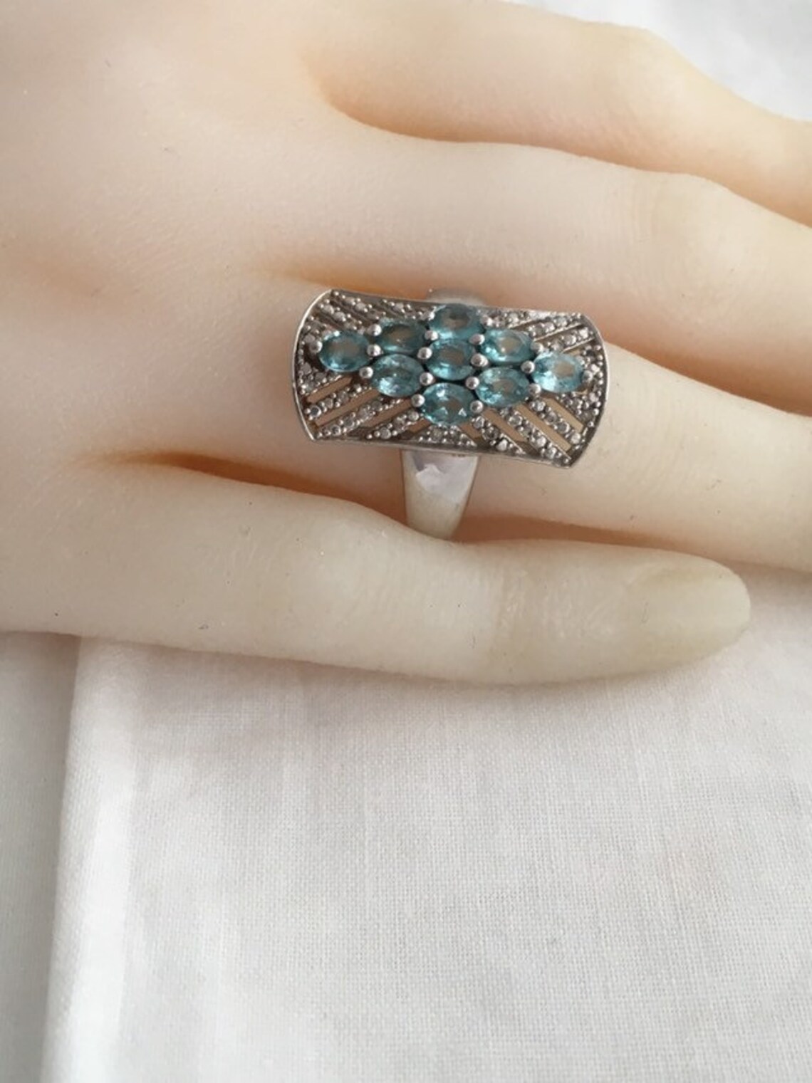 Stunning Blue Topaz Oval Faceted Cabochon Relief Clear CZ Stones ...