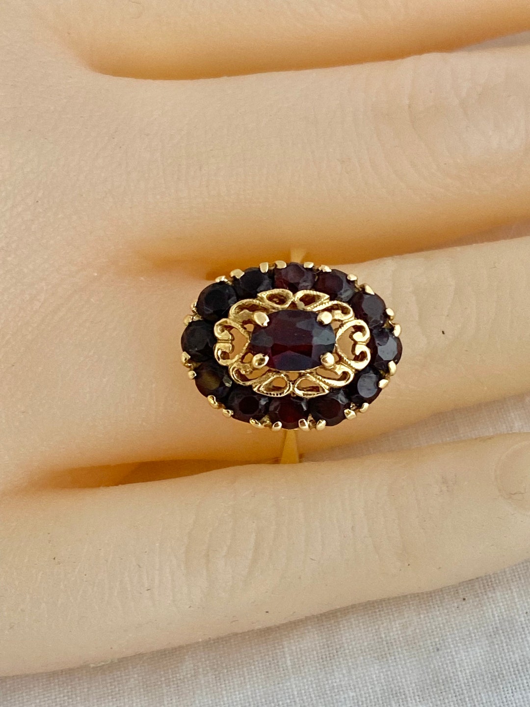 18K Gold Antique Style 13 Bohemian Garnets Rose Cut Oval Filagree Ring ...