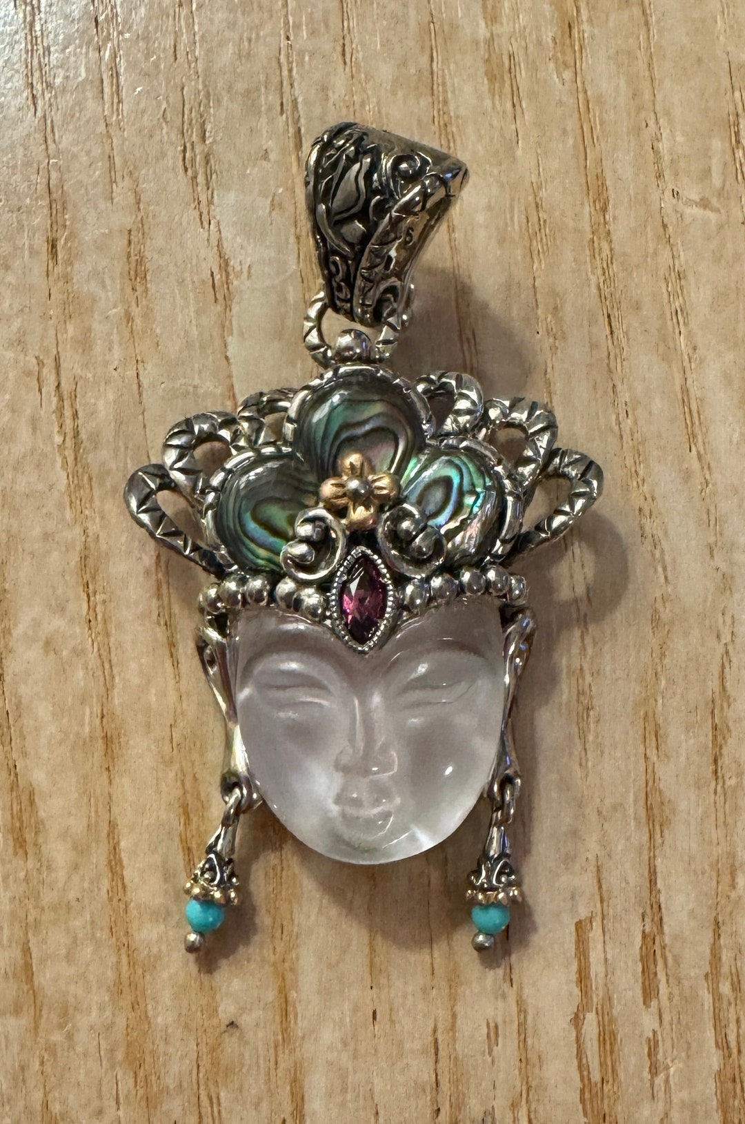 18K Gold Barbara Bixby Goddess Quan Yin Carved Gemstone Abalone ...