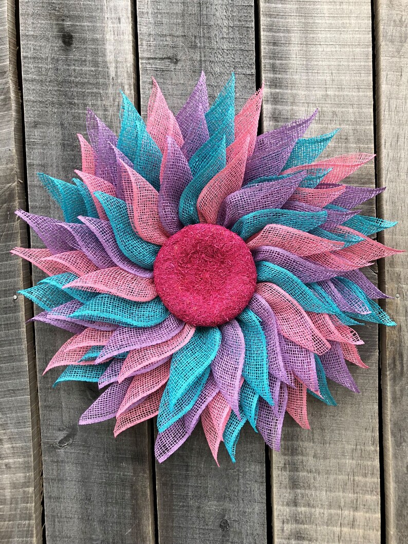 Large pinwheel sunburst poly burlap flower wreath turquoise | Etsy