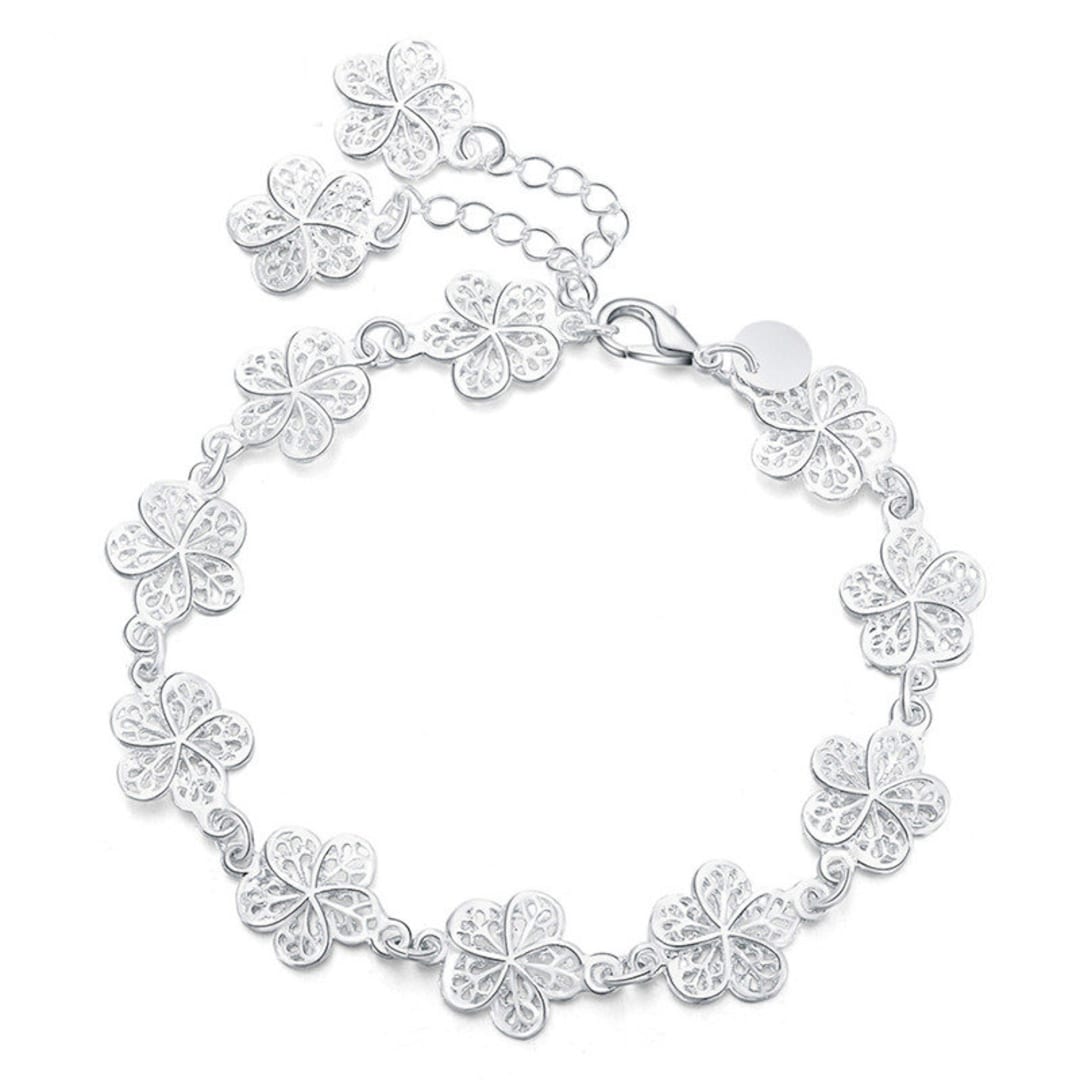 925 Silver Floral Bracelet, 925 Silver Flower Bracelet, 925 Sterling ...