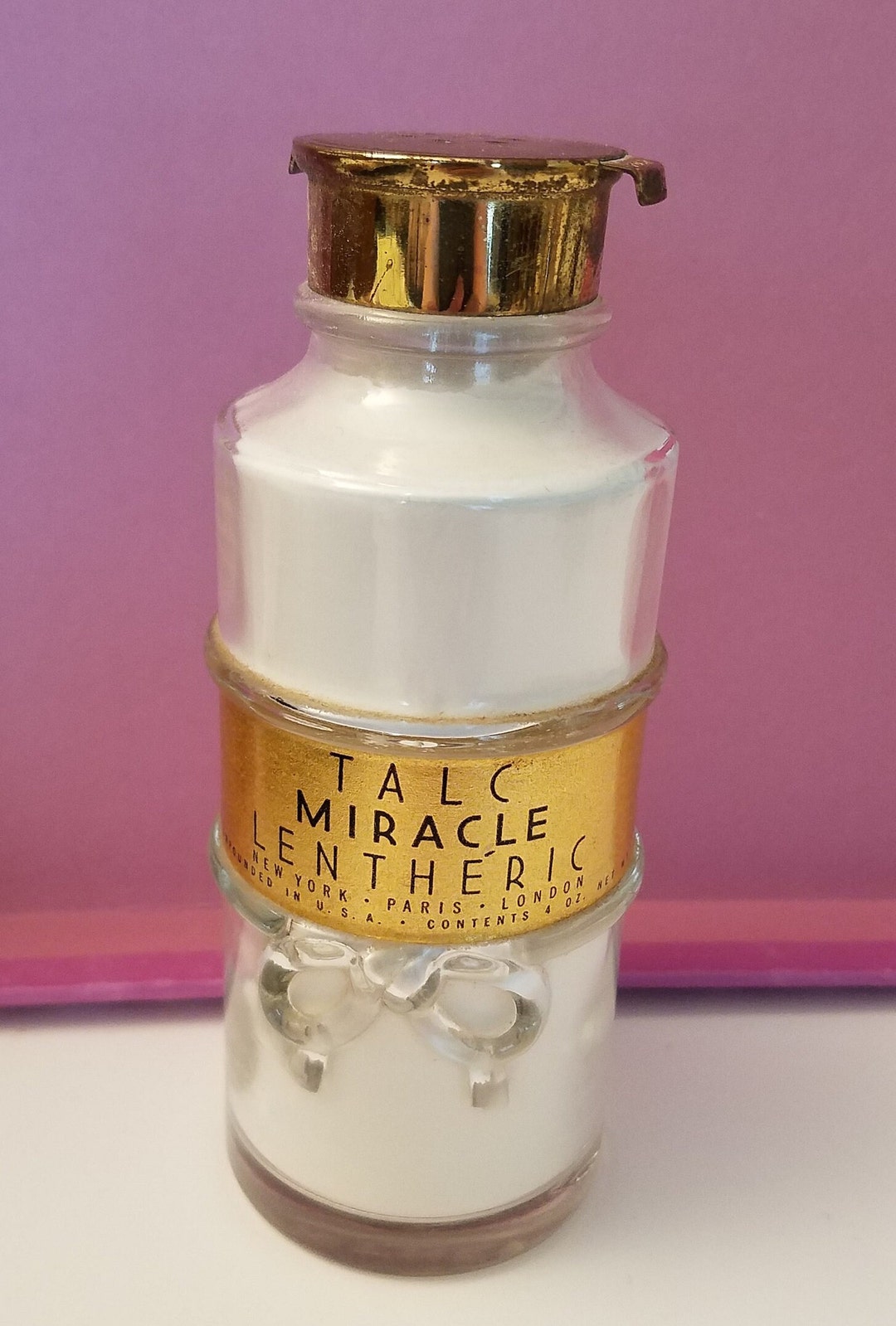 Vintage 1940s Lentheric MIRACLE Scent Talc Glass Powder Jar Brass Slide ...