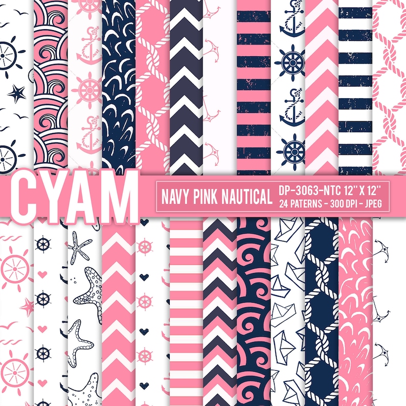 DP-3063-NTC Navy Pink NAUTICAL Digital Paper Instant Download. Navy ...