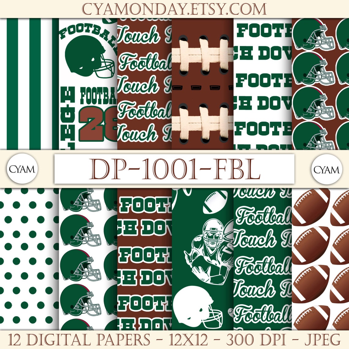 Green Brown Football Digital Paper. SPORTS Pattern Prints | Etsy