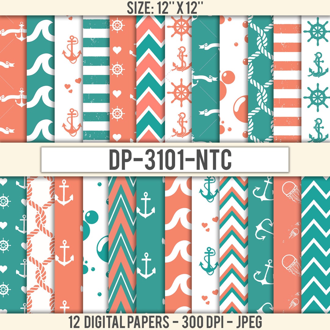 Teal Peach NAUTICAL Digital Paper: Instant Download. Pastel Nautical ...