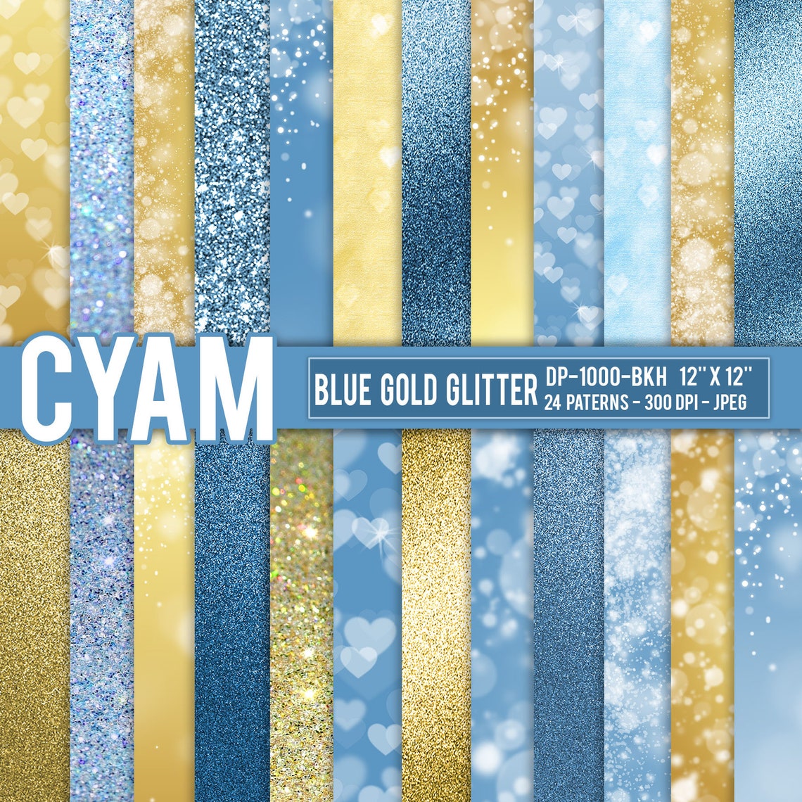 Blue Gold Cinderella Digital Papers. Princess Glitter | Etsy