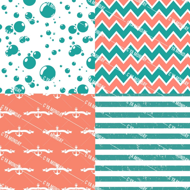Teal Peach NAUTICAL Digital Paper: Instant Download. Pastel Nautical ...