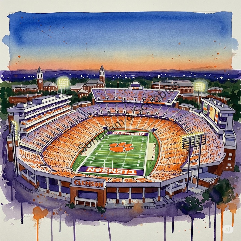 Clemson Nighttime Football Memorial Stadium Watercolor Digital Print ...