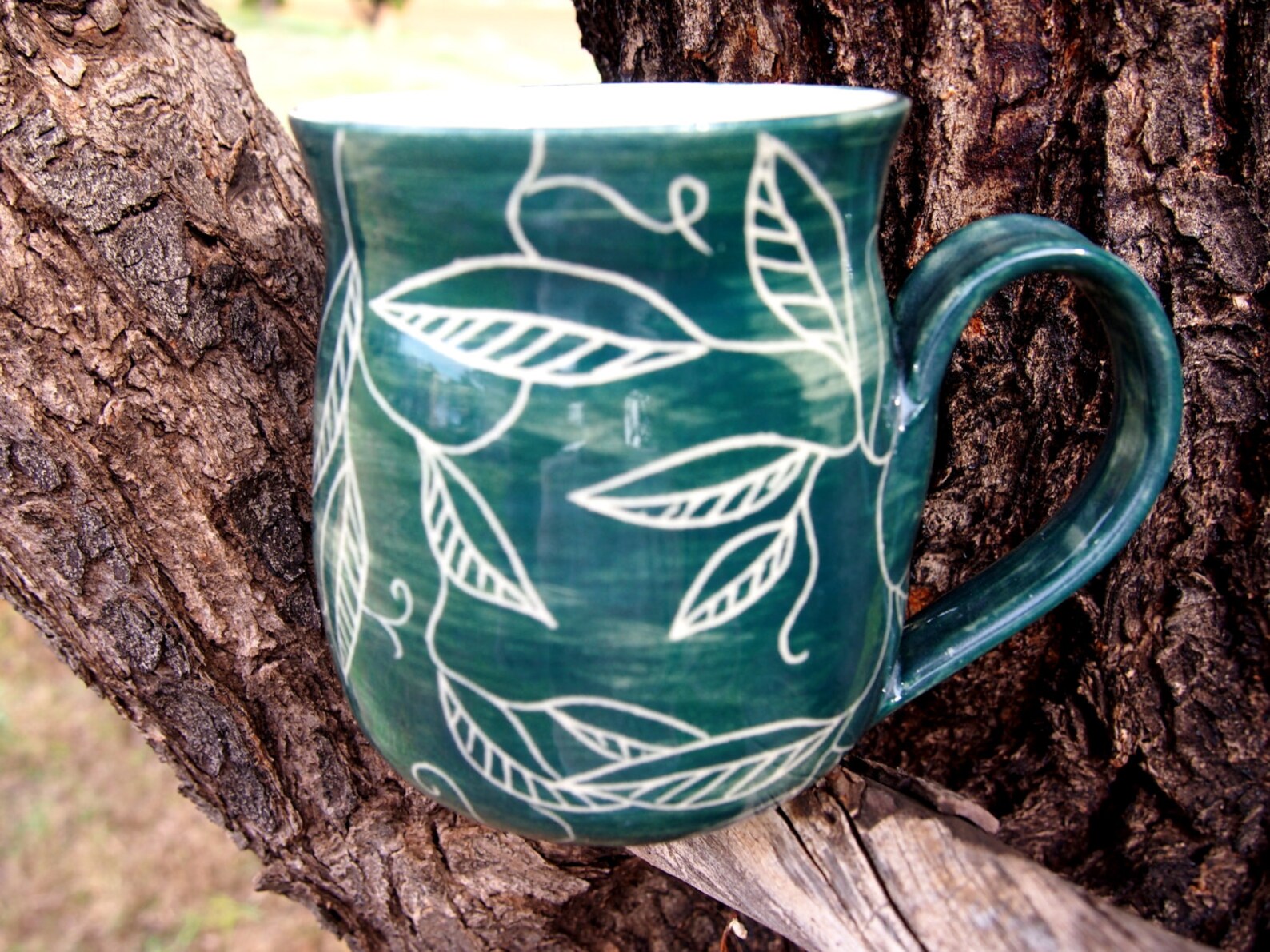 Coffee Mug Dark Green Mug Stoneware Mug Leaves and Vines | Etsy