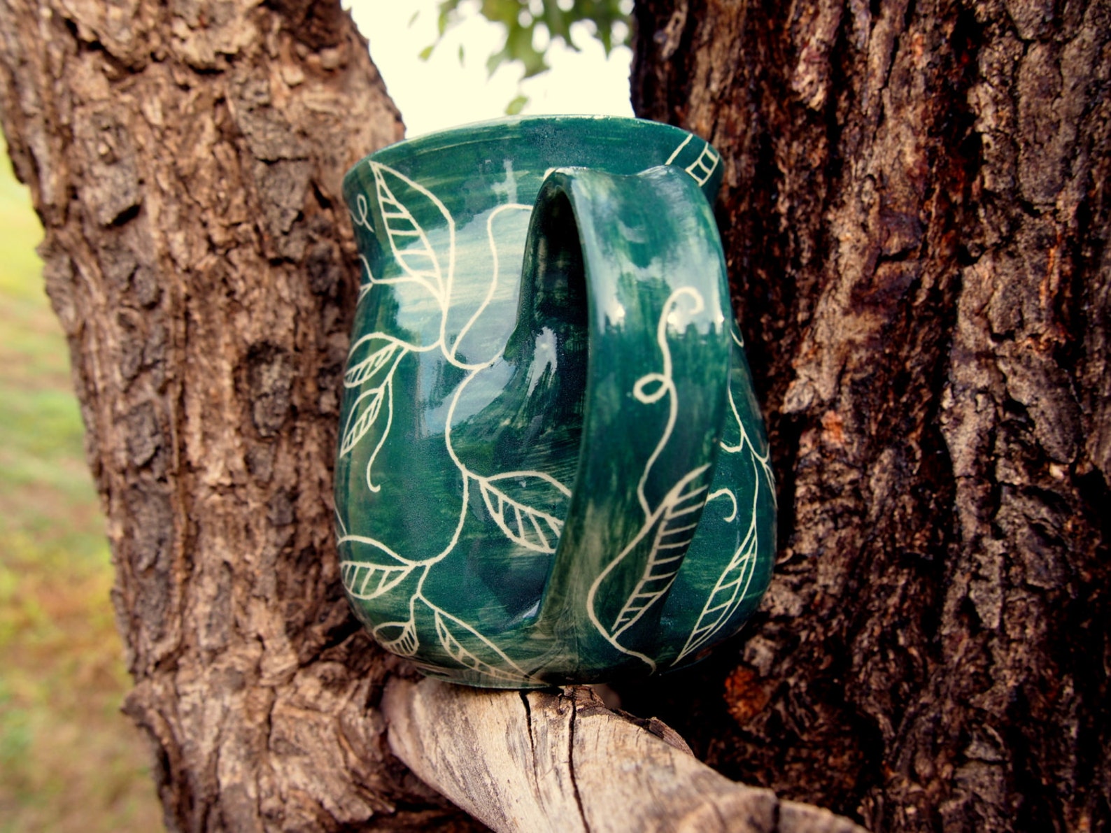 Coffee Mug Dark Green Mug Stoneware Mug Leaves and Vines | Etsy