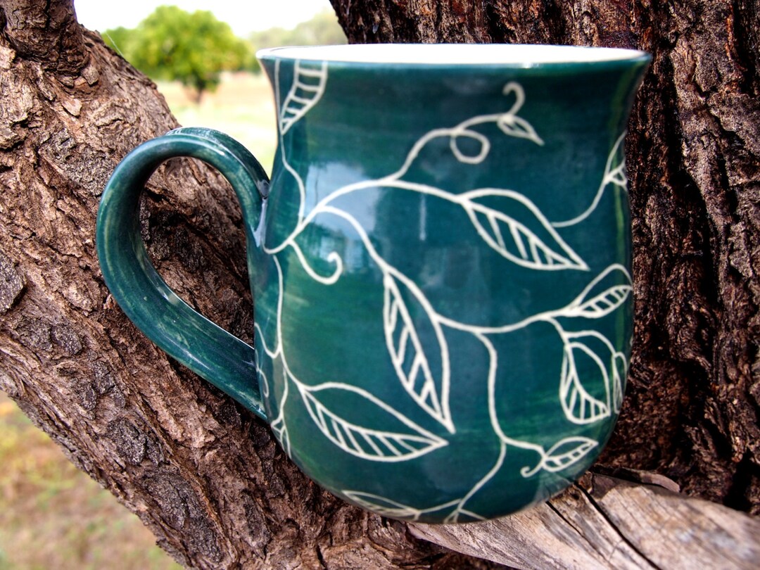 Coffee Mug Dark Green Mug Stoneware Mug Leaves and Vines Pattern Leaf ...