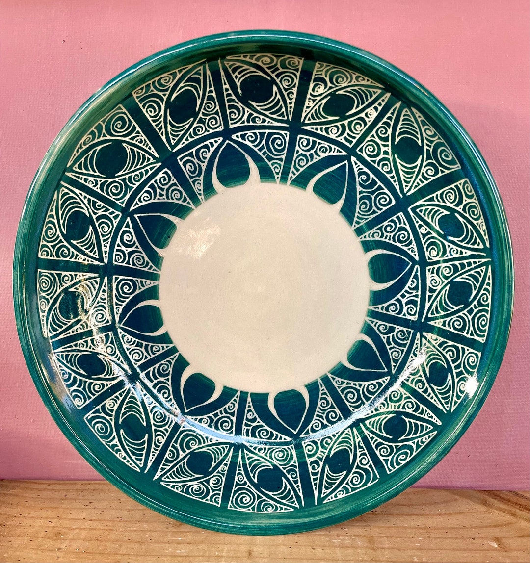 Bowl Serving Green Platter Shallow Bowl Handmade and Hand Decorated ...