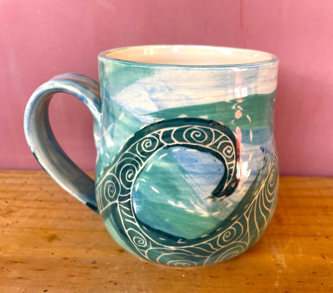 Unique Coffee Mug Sky Blue Stoneware Mug Ocean Waves Mug Blue Waves Mug ...