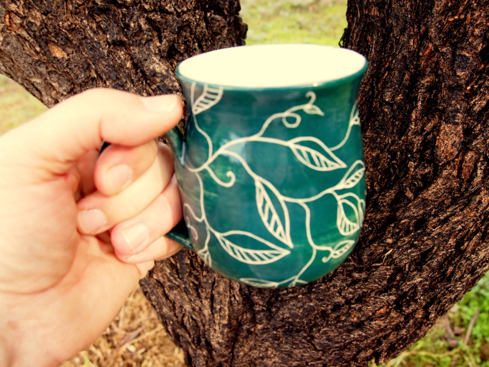 Coffee Mug Dark Green Mug Stoneware Mug Leaves and Vines | Etsy