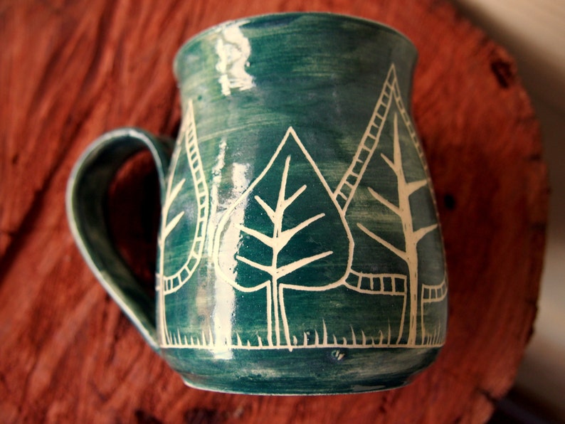 Coffee Mug Green Mug Stoneware Mug Pine Tree Design Mug Tree - Etsy