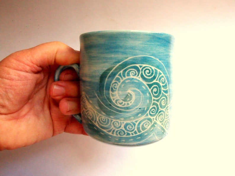 Unique Coffee Mug Sky Blue Stoneware Mug Ocean Waves Mug Blue | Etsy