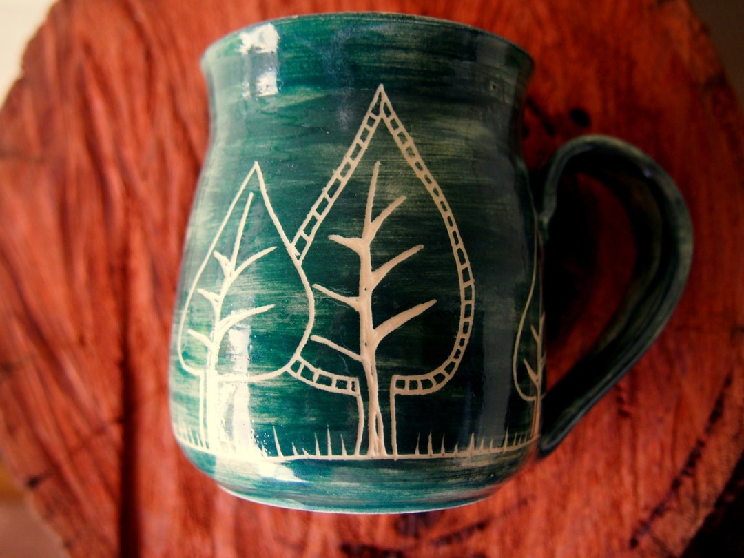 Coffee Mug Green Mug Stoneware Mug Pine Tree Design Mug, Tree Mug - Etsy