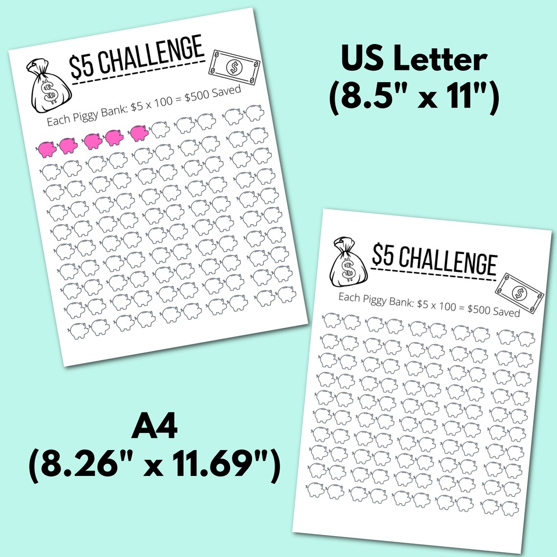 5 Challenge Savings Tracker, 5 Dollar Bill Challenge Tracker, Savings ...