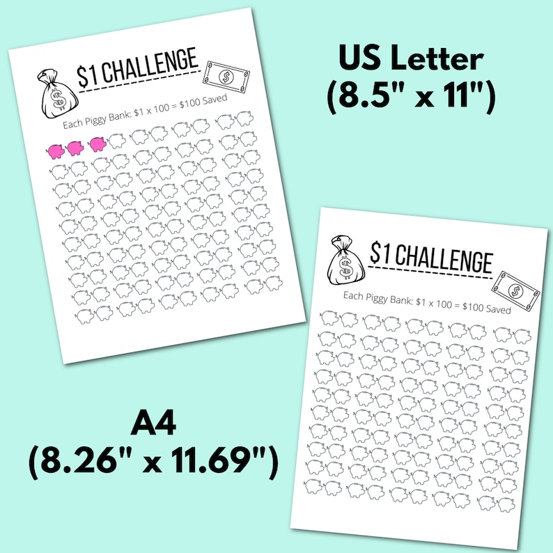 1 Challenge Savings Tracker, 1 Dollar Bill Challenge Tracker, Savings ...