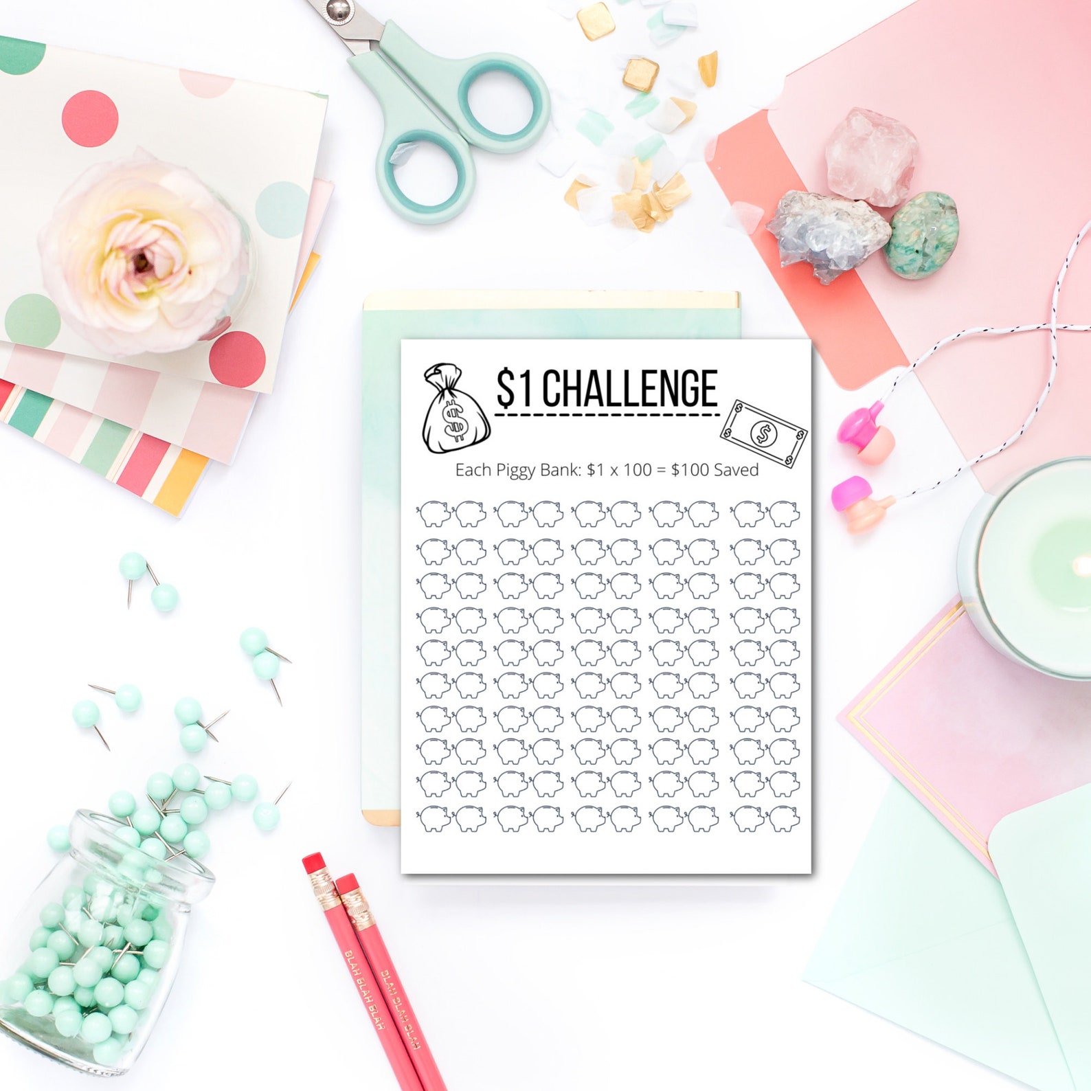 1 Challenge Savings Tracker, 1 Dollar Bill Challenge Tracker, Savings ...