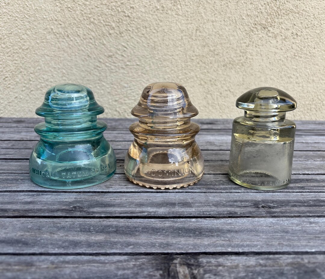 Lot of 3 Vintage Glass Insulators Aqua, Amber Clear Dominion & Whitall ...