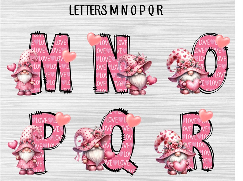 Valentine Gnome Alphabet Set: PNG Letters for Sublimation (digital ...