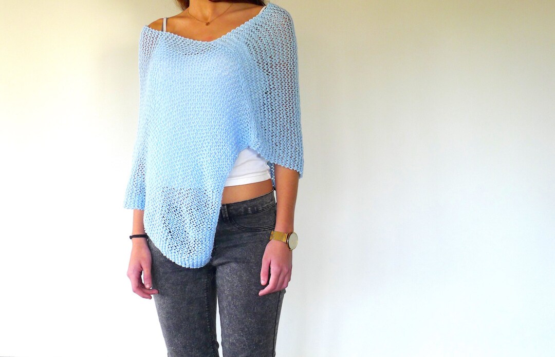 Knit Poncho in Light Blue | Blue Beach Cover up | Loose Knit Poncho ...