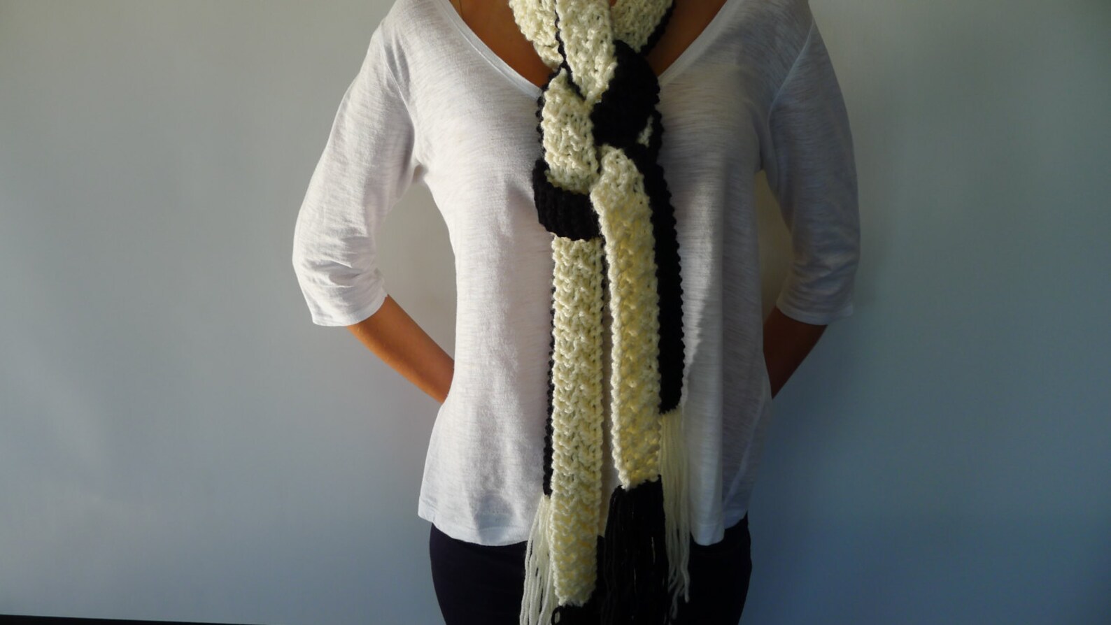 Extra Long Scarf. Chunky Fringe Scarf. Cream and Black Knitted Scarf ...