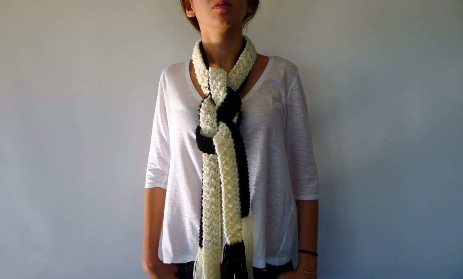 Extra Long Scarf. Chunky Fringe Scarf. Cream and Black Knitted Scarf ...