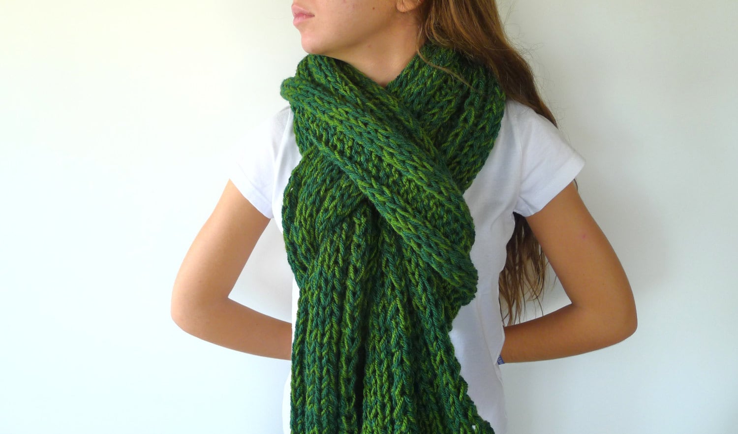 Green Hand Knitted Scarf. Mens Wool Scarf. Womens Winter Wrap. Chunky ...