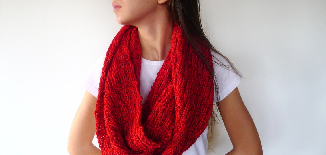 Red Infinity Scarf. Knit Cowl Scarf. Cotton Knitted Scarf. Summer ...