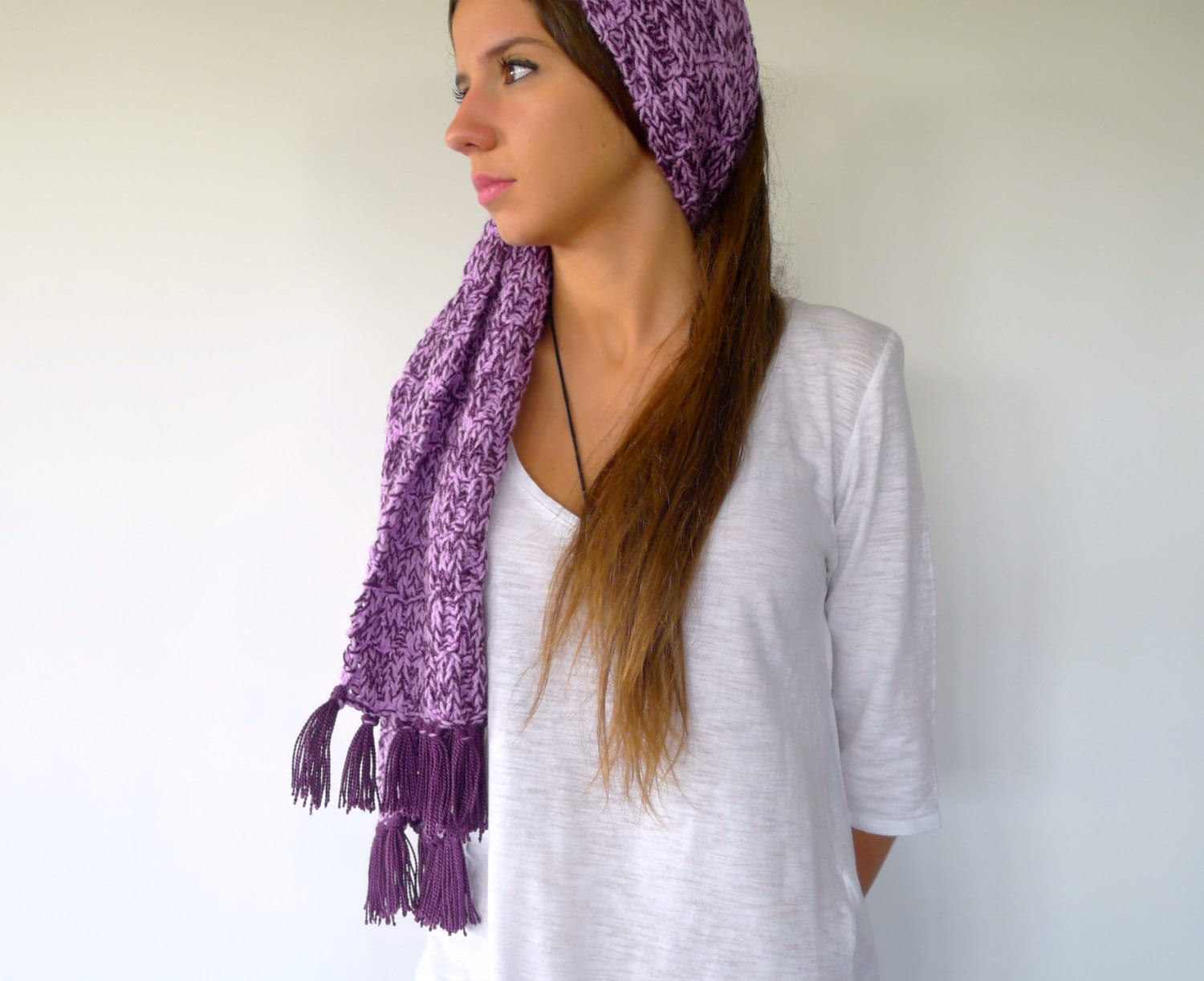 Bufanda de punto hecha a mano. Bufanda morada. Bufanda con flecos ...